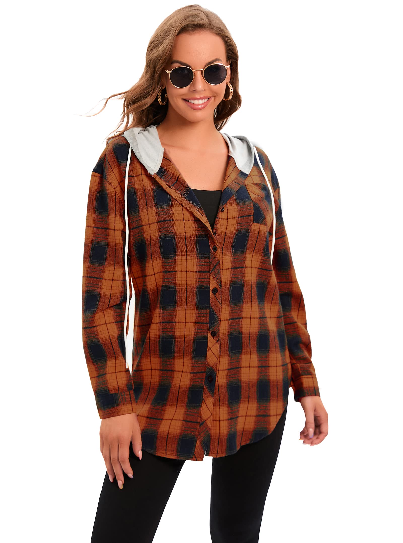Womens Flannel Shirts Long Sleeve Oversized Boyfriend Shirts Button Down Plaid Hoodie Orange