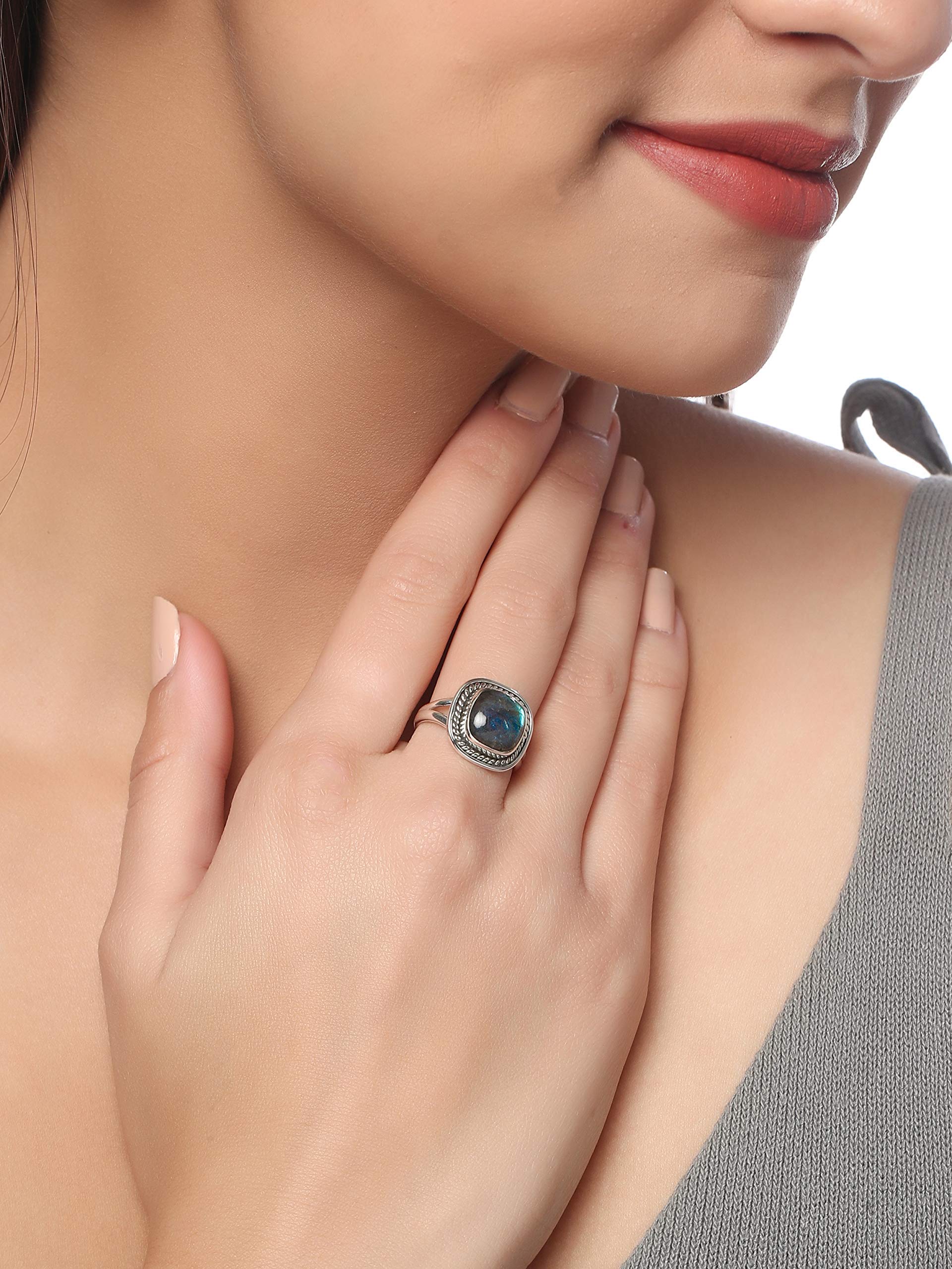 YoTreasure Natural Labradorite Ring Solid 925 Sterling Silver Boho Jewelry