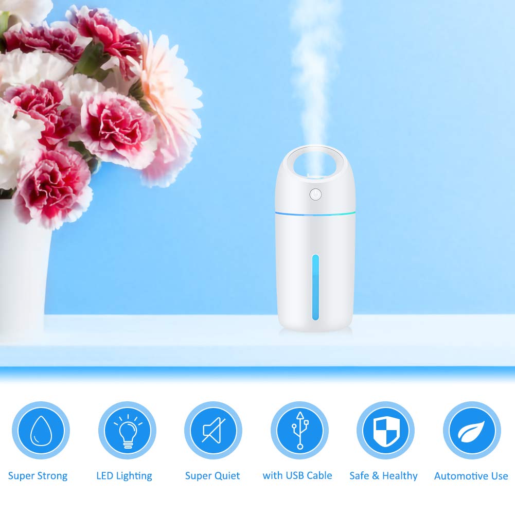 Ultrasonic Air Humidifier with 7 Colors LED, 280ml Adjustable Mist Modes, USB Rechargeable & Quiet Operation & Auto Shut-Off for Office Travel Home Baby
