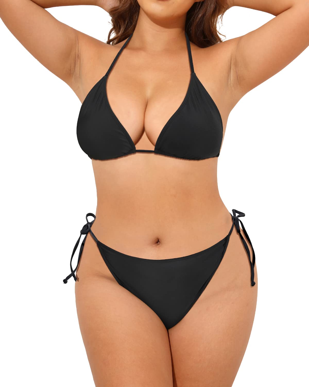 Tempt Me Women Plus Size Triangle Bikini String Two Piece Halter Tie Side Swimsuit Black 14 Plus