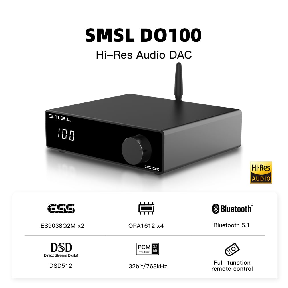 SMSL DO100 USB DAC ES9038Q2Mx2 OPA1612x4 Bluetooth5.1 DSD512 32bit/768kHz USB/BT/Opt/Coax Input RCA/XLR Output High Resolution Balanced Audio Decoder with Remote Control