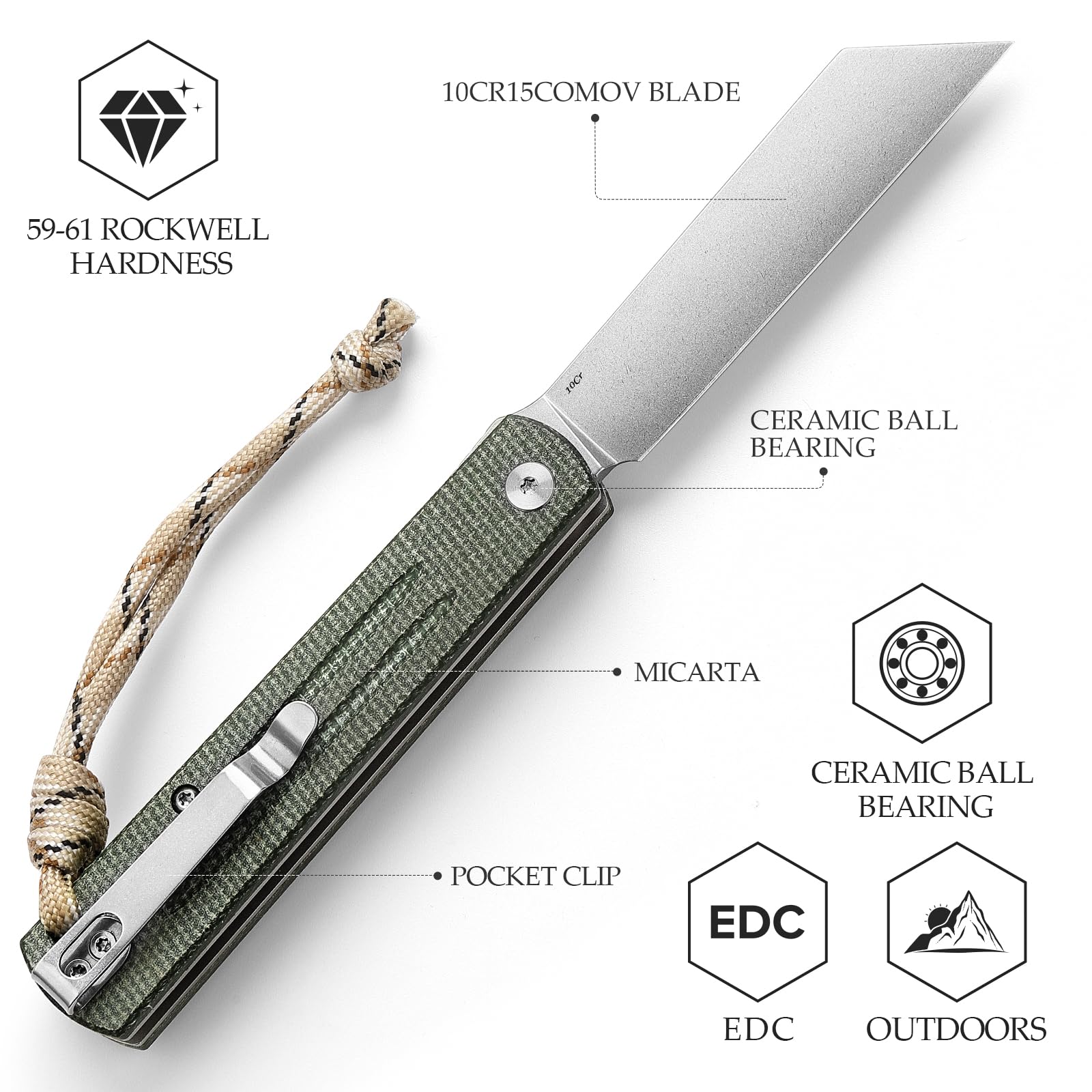 TRIVISA Japanese Higonokami Razor Button Lock Folding Pocket Knife for Men or Women, EDC Tool Camping Outdoor Knives with Pocket Clip,3.2" 10Cr15CoMoV Blade and Micarta Handle Hydra-04G