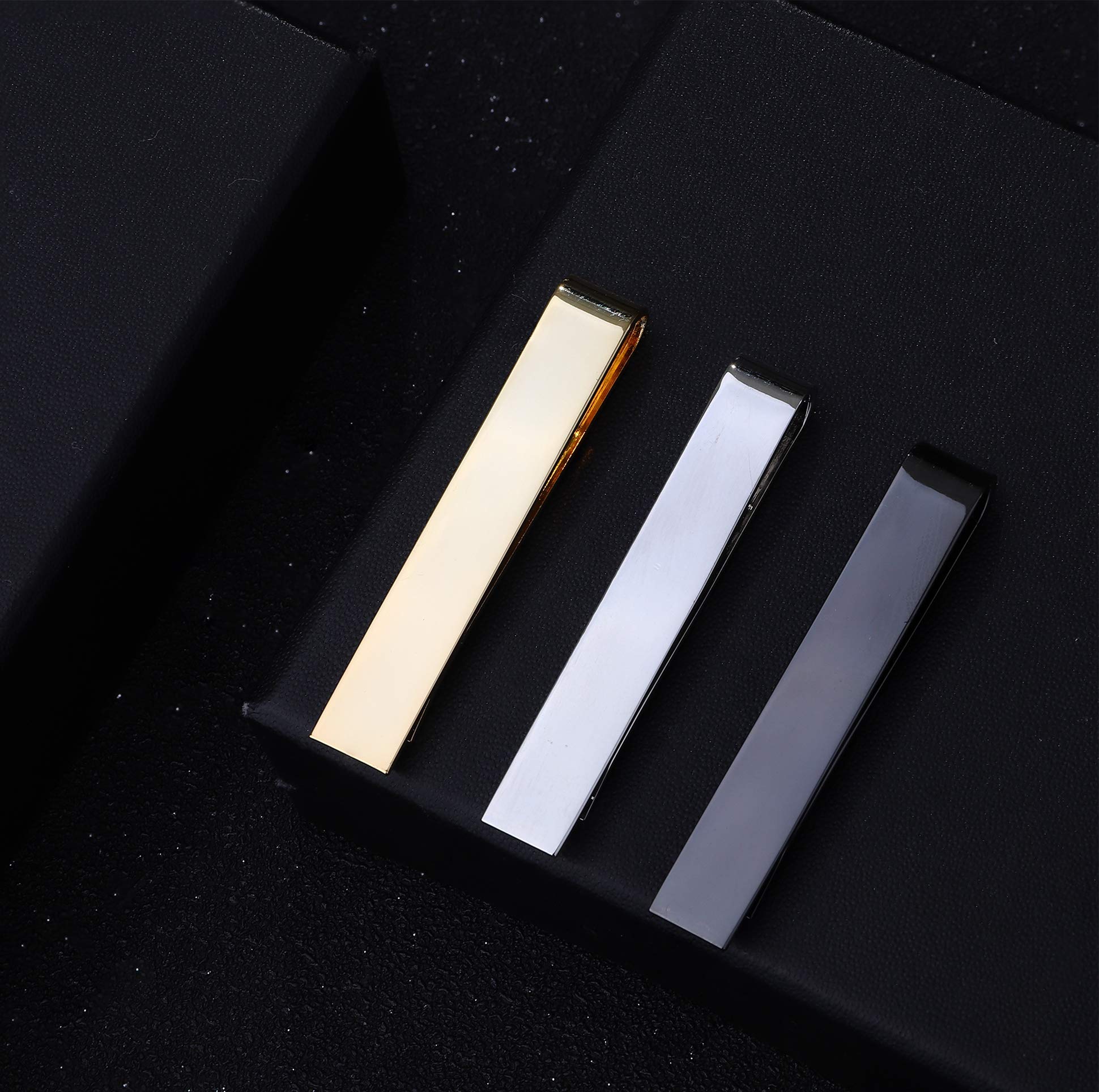 YADOCA 3 Pcs Tie Clips for Men Tie Bar Set Necktie Clips Without Stripe for Wedding Anniversary Business Black Silver-Tone Gold-Tone