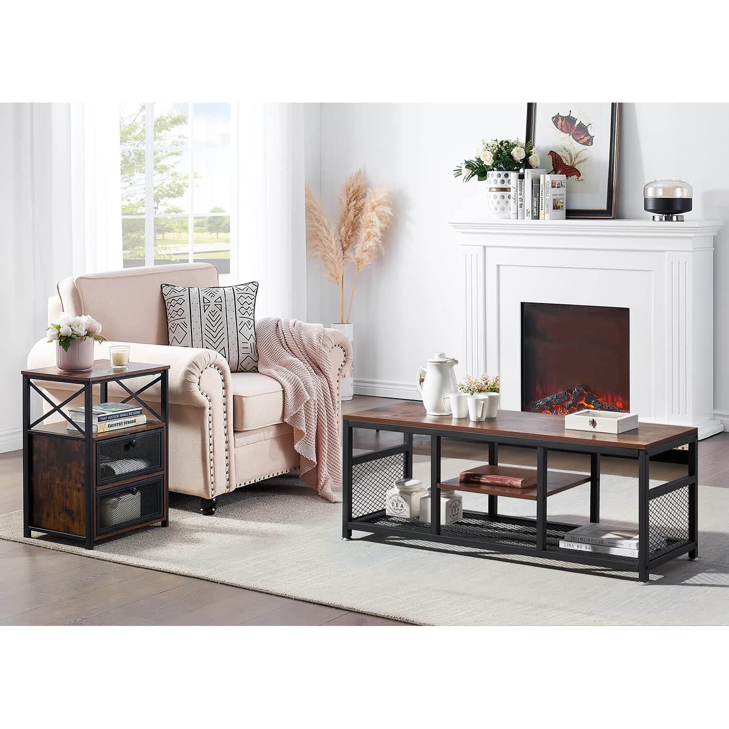 VECELO Nightstand Set of 2, End Table with Flip Drawer Modern Night Stand for Bedroom Living Room, Office, Easy Assembly, 2 PCS, Brown