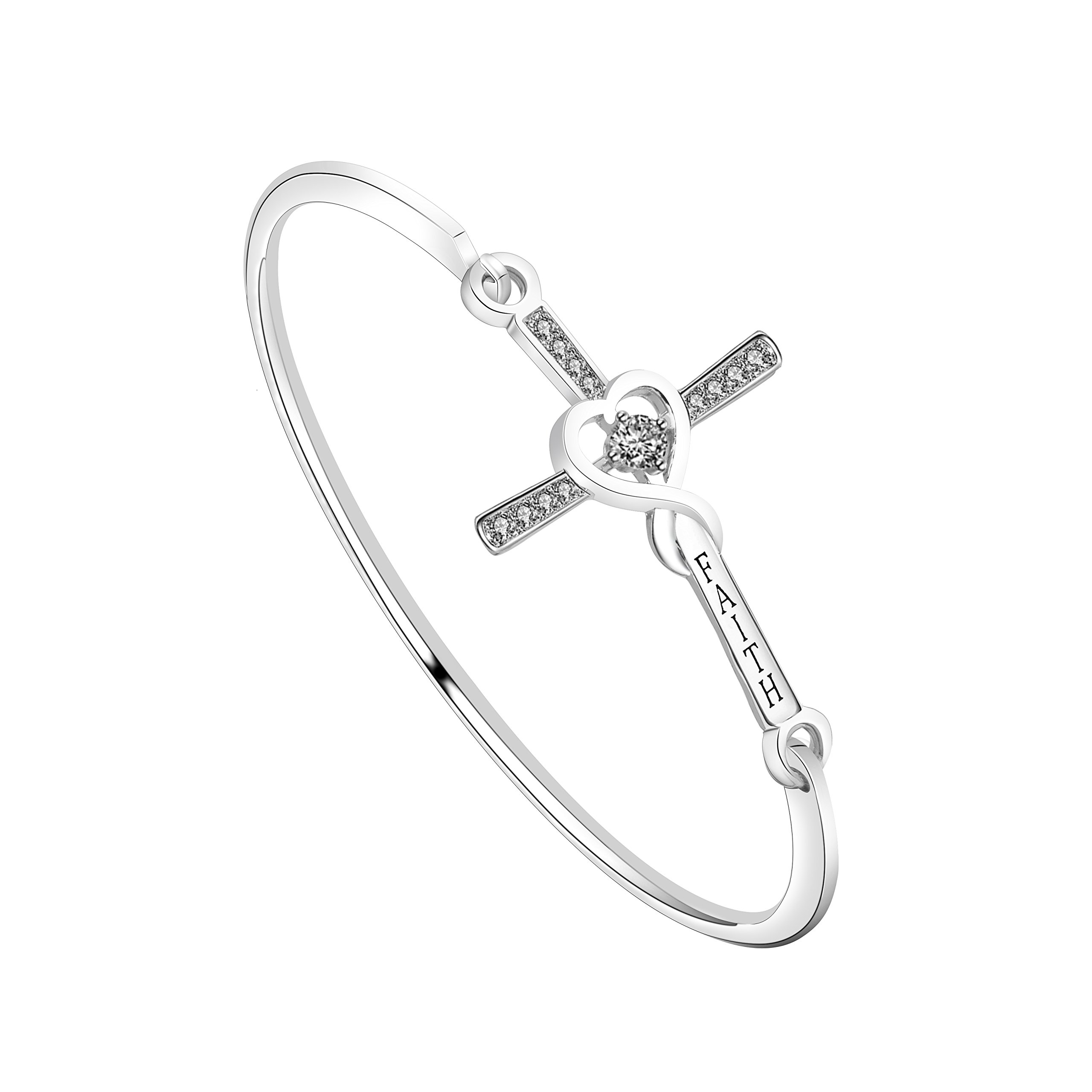 WUSUANED Infinity Love Heart God Cross With Faith Inscription Christian Bracelet Religious Gift for Women(faith cross bracelet silver)