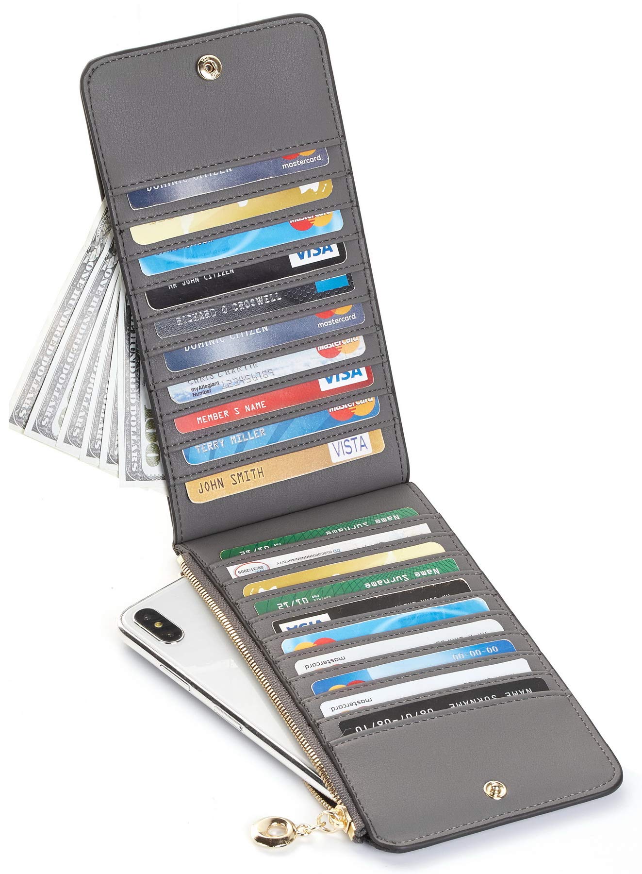 Toughergun Womens RFID Blocking Genuine Leather Multi Card Organizer Wallet with Zipper Pocket(Chic Grey Light)