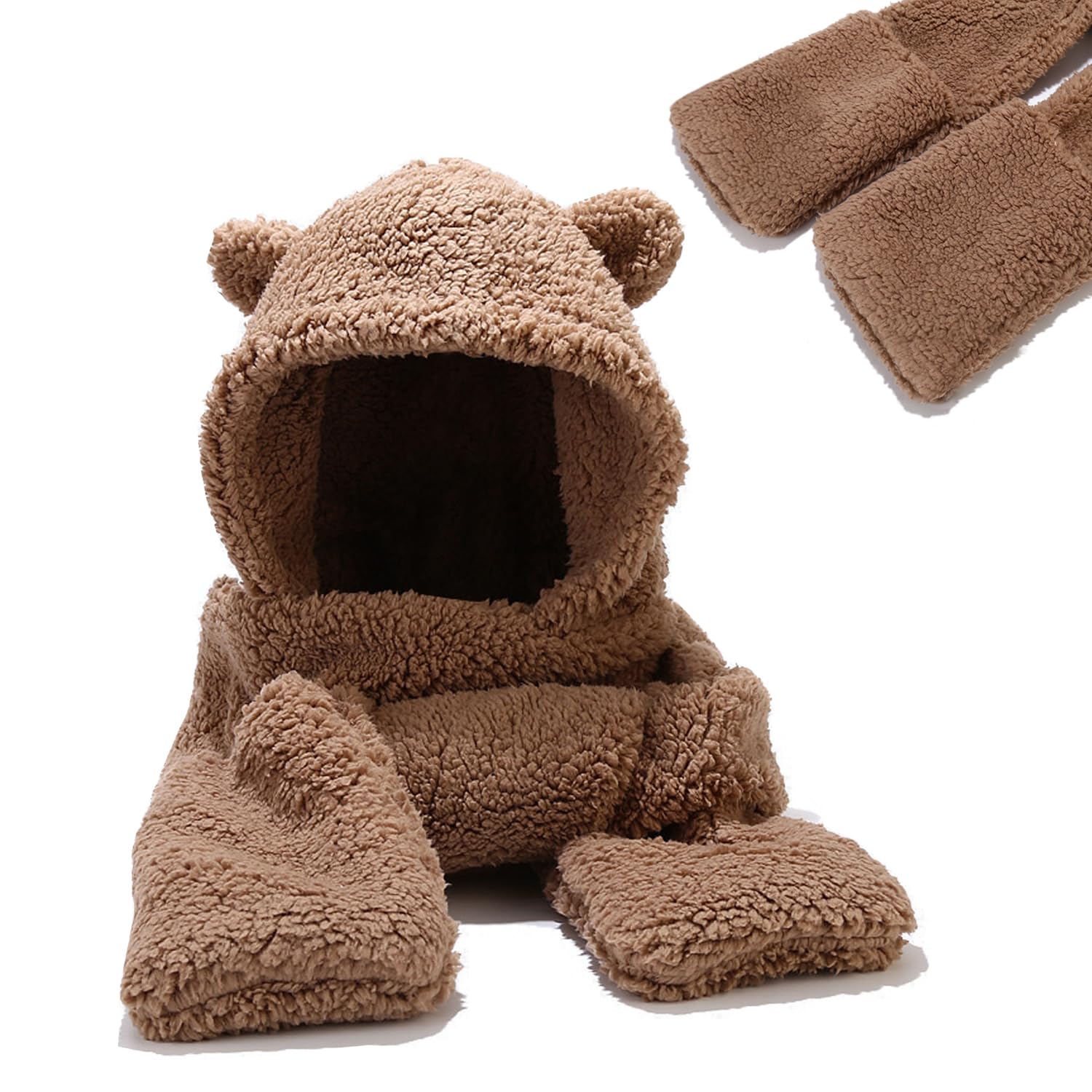 Umeepar Winter Bear Ear Sherpa Hood Hat Scarf Gloves 3 in 1 Hooded Scarf for Women Men (Brown)