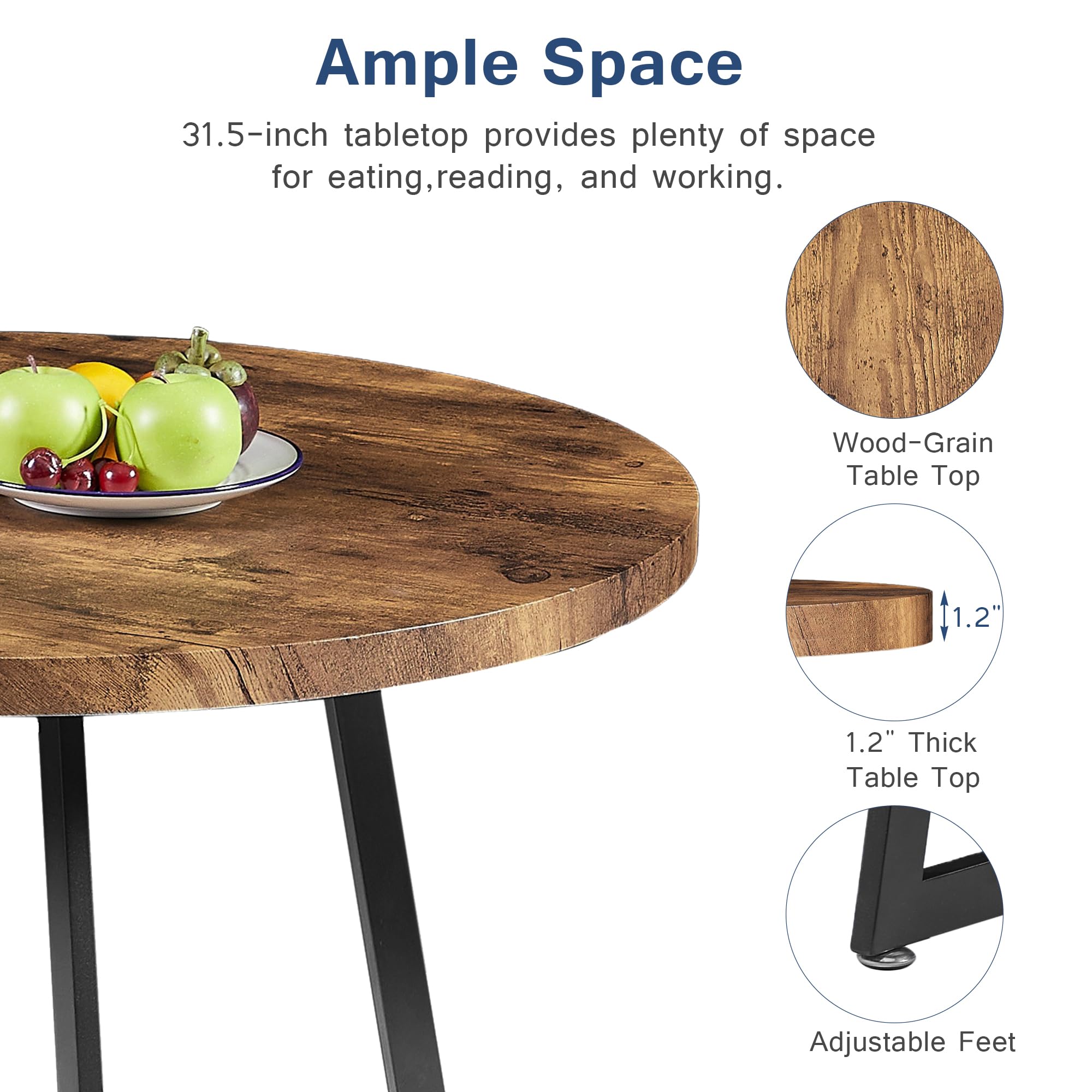 VECELO Round Kitchen Table with 2 Upholstered Chairs, 3-Piece Wood Dinette Sets with Steel Frame for Breakfast Nook, Dining Room, and Small Space, Brown