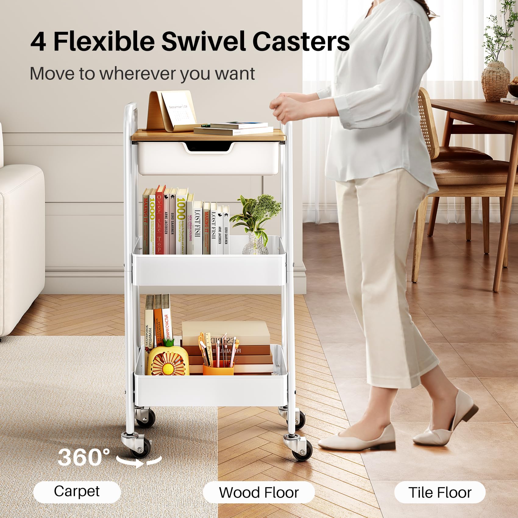 SNTD 3 Tier Rolling Utility Cart - Metal Rolling Cart on Wheels with Drawer, Wooden Table Storage Cart (Black)