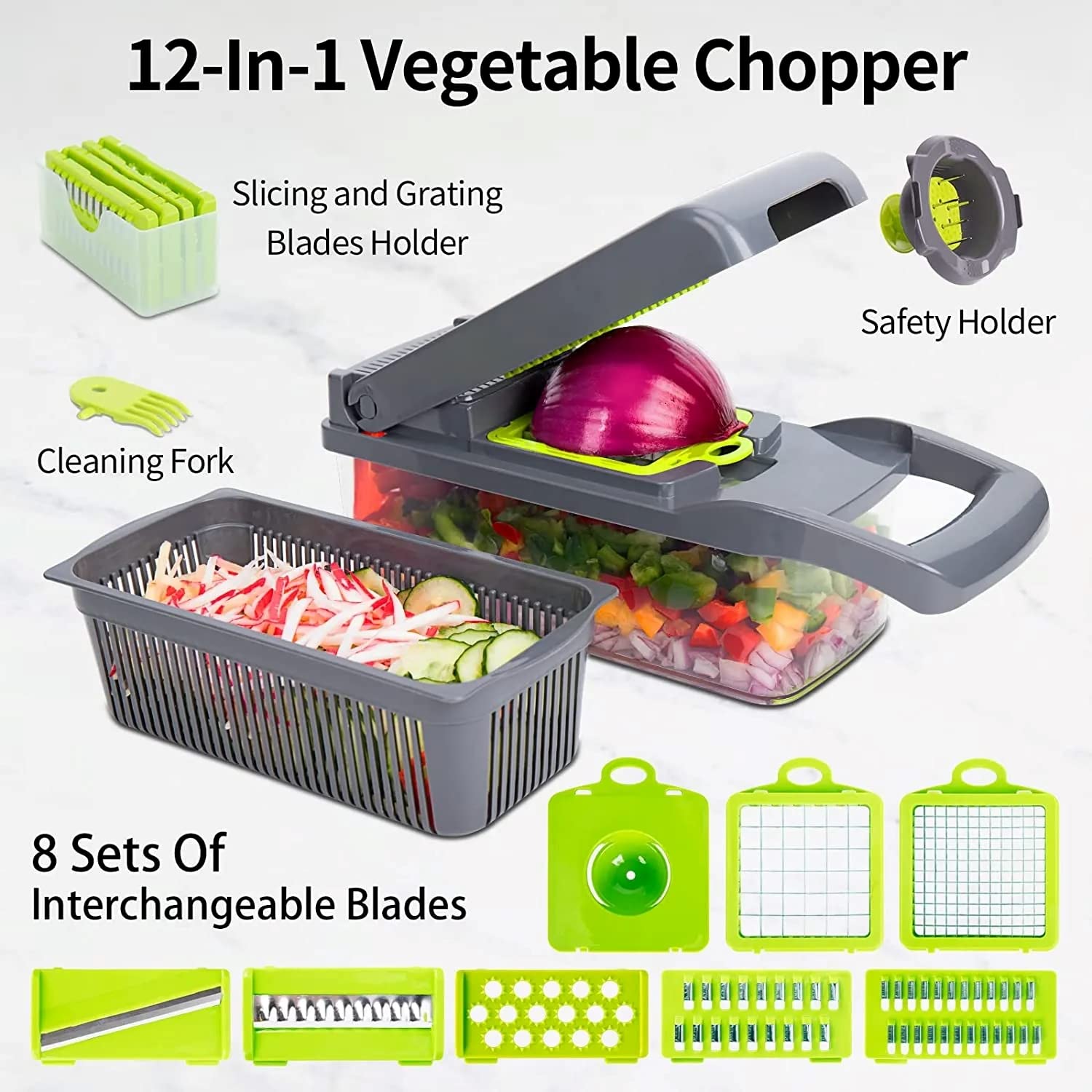 Vegetable Chopper, Multifunctional 12 in 1 Food Chopper, Kitchen Helper, Vegetable Slicer, Veggie Dicer, Onion Cutter with Container