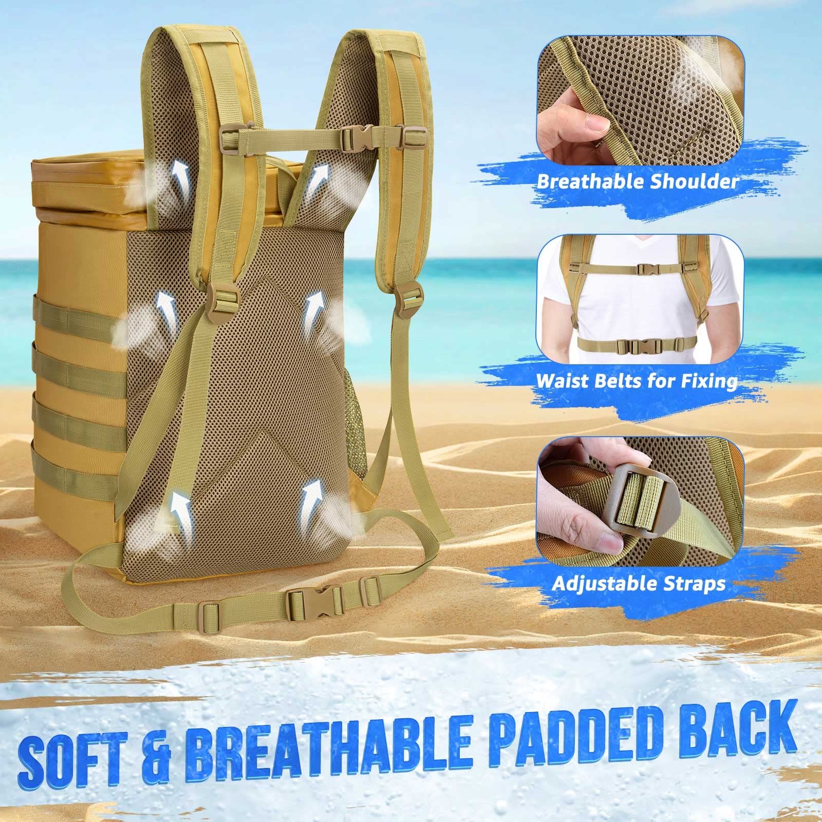 WOTOW Backpack Cooler Tactical Insulated 45 Cans - Leak Proof Cooler Backpack for Men Women, Large Capacity Soft Cooler Bag with Top Handles, Lunch Backpack Bag for Beach Hiking Picnics Work (Brown)