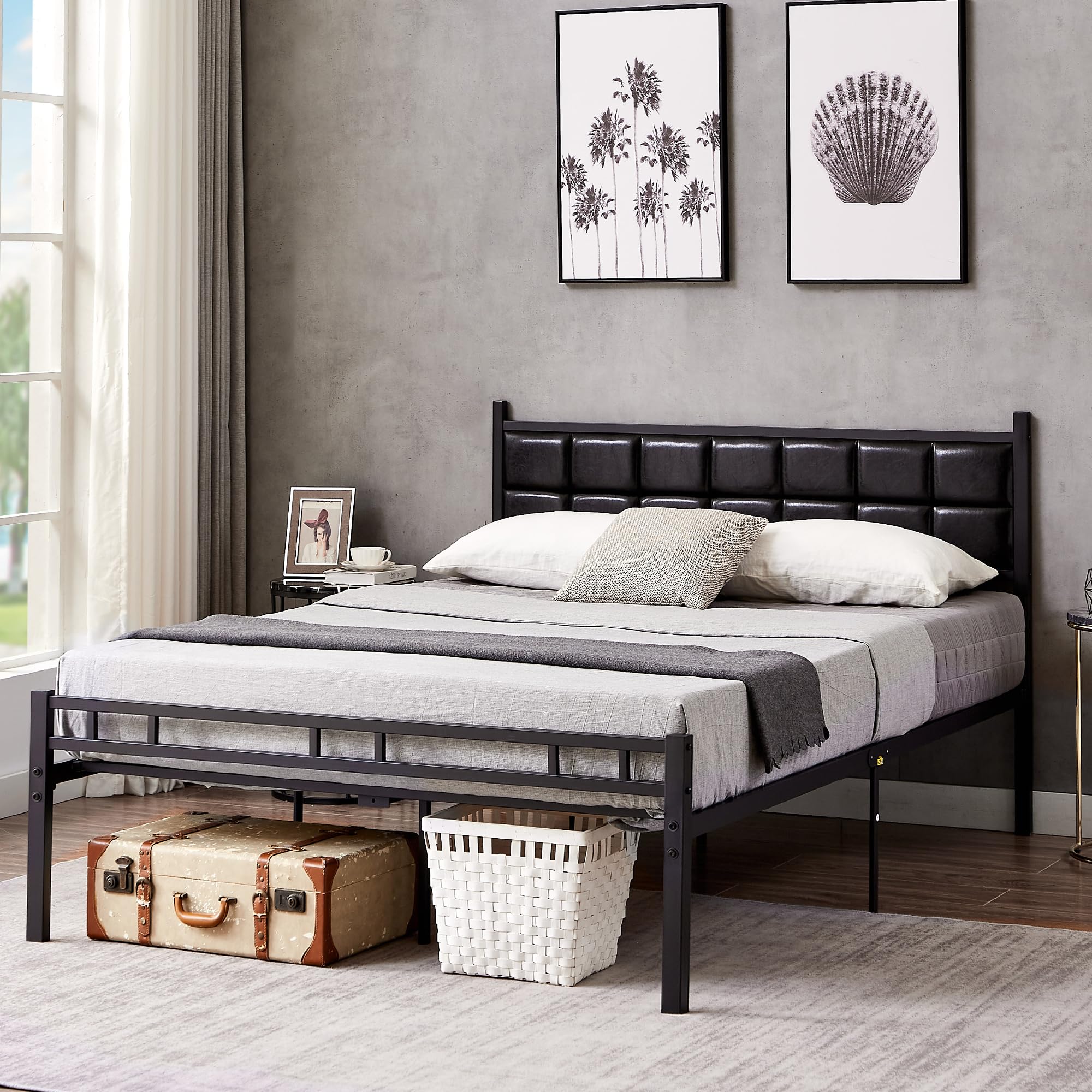 VECELO Queen Size Metal Bed Frame with Faux Leather Headboard, Heavy-Duty Platform Beds, 12 inch Under-bed Storage, Steel Slats Support, No Boxing Spring Needed, PU Black