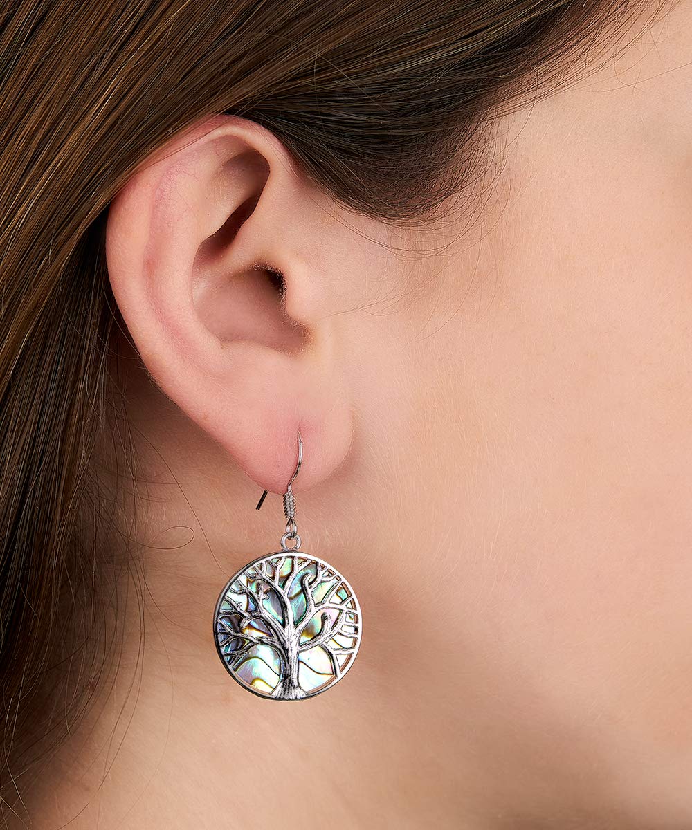Tree of Life Earrings For Women | Barzel 18K White Gold Plated Created Abalone Tree Of Life Dangling Earrings