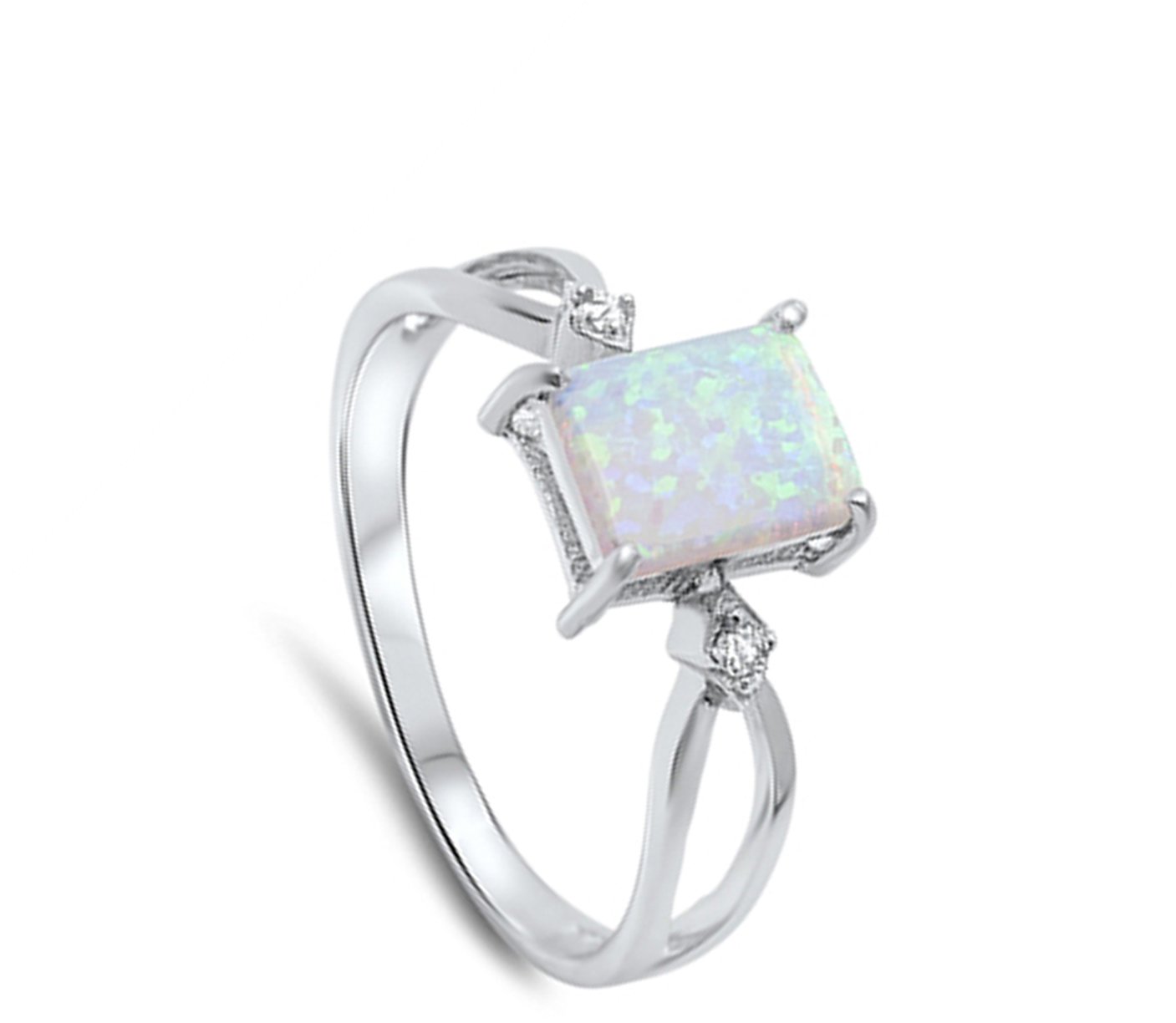 White Simulated Opal Criss Cross Square Solitaire Ring Sterling Silver Band Size 8