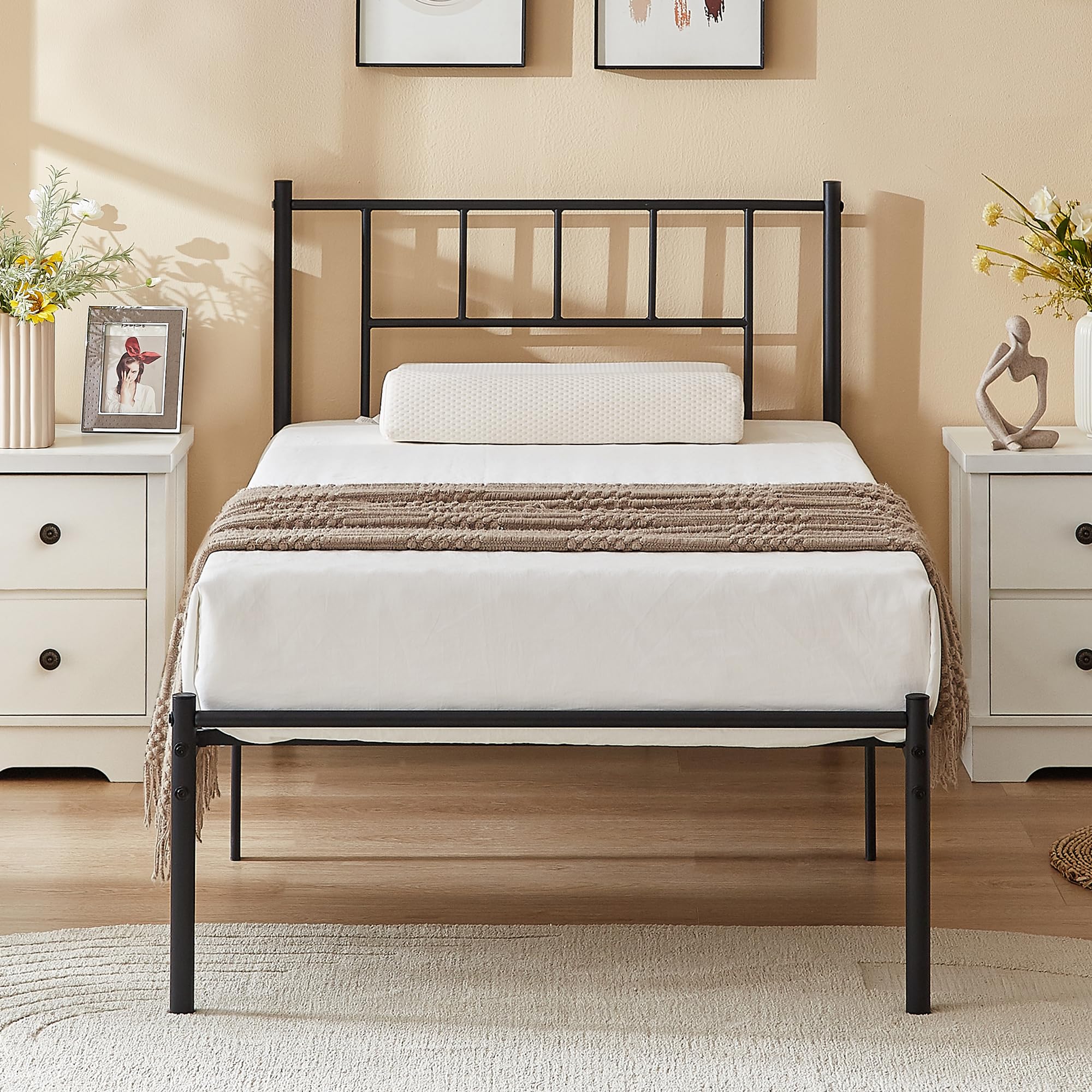 VECELO Twin Bed Frame, 14 Inch Metal Platform with Headboard, Heavy Duty Steel Slat Support, No Box Spring Needed, Easy Assembly