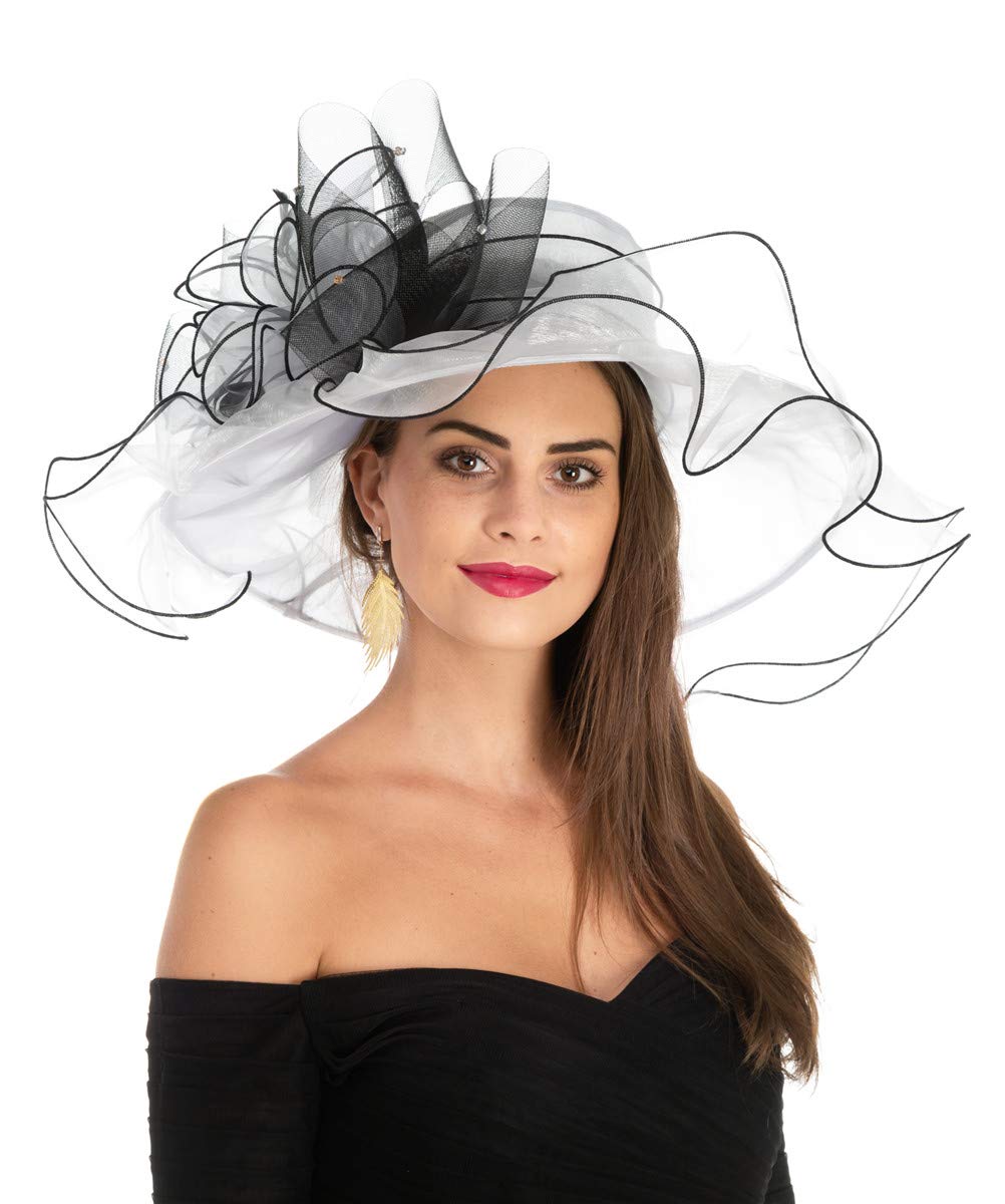 Women's Organza Church Kentucky Derby British Fascinator Bridal Tea Party Wedding Hat Summer Ruffles Cap(HL-White Black Line)