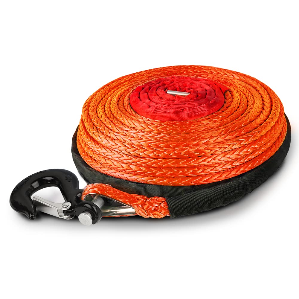 X-BULL SK75 3/8" x 100ft Dyneema Synthetic Winch Rope with Hook Car Tow Recovery Cable(23,809 Lbs,Orange)