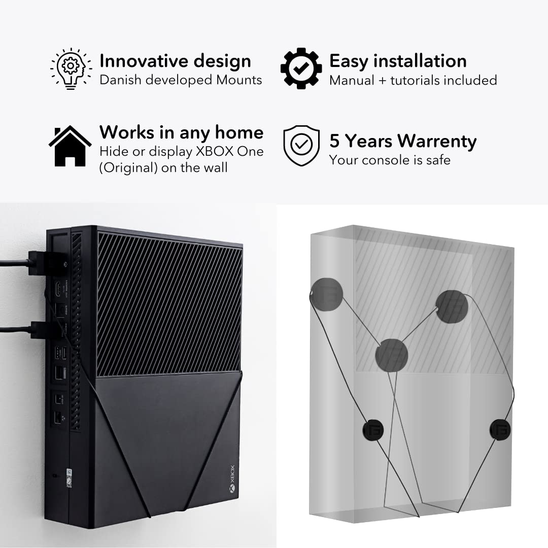 Xbox One Original Wall Mount Solution by FLOATING GRIP - Mounting Kit for Game Consoles - Effective Ventilation, Easy-to-Install System (Bundle: Fits Xbox One Original + 2X Controllers, Black)