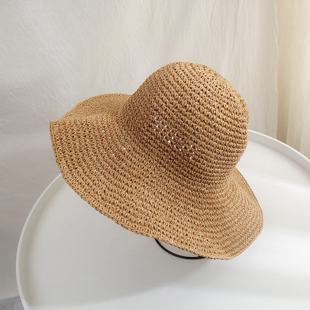 Women's Wide Brim Sun Protection Straw Hat,Folable Floppy Hat,Summer UV Protection Beach Cap (one Size, 1pcs-Khaki-tz)