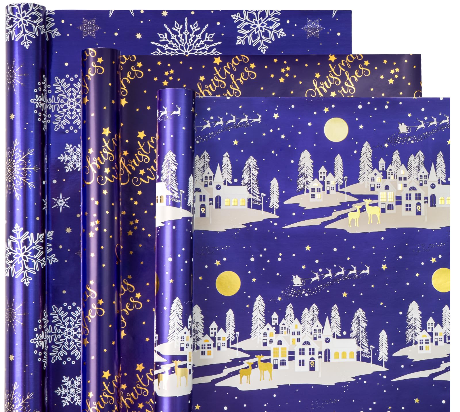 WRAPAHOLIC Christmas Wrapping Paper Roll - Mini Roll - 3 Rolls - 17 Inch x 120 Inch Per Roll - Dark Blue House, Reindeer, Snowflake Holiday Collection with Metallic Foil Shine