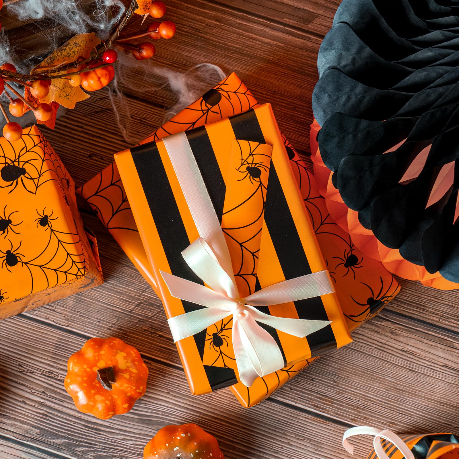 WRAPAHOLIC Halloween Reversible Wrapping Paper Roll - Mini Roll - 17 Inch X 33 Feet - Spider Design, Perfect for Halloween Decorations, Holiday, Party