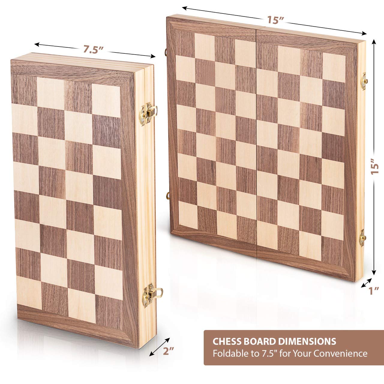 Wooden Chess Set - Handcrafted Chess Pieces - 15 Inch Chess Board - Foldable - Interior Storage Space - Travel Friendly - Felt Bottom - 3 Inch King - Bonus Wooden Checkers Pieces