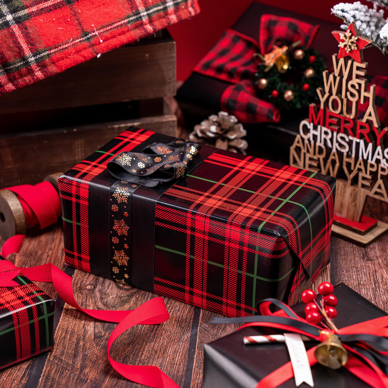 WRAPAHOLIC Reversible Christmas Wrapping Paper - Mini Roll - 17 Inch X 33 Feet - Merry Christmas Lettering and Solid Red Design for Chrsitmas, Holiday, Party Celebration