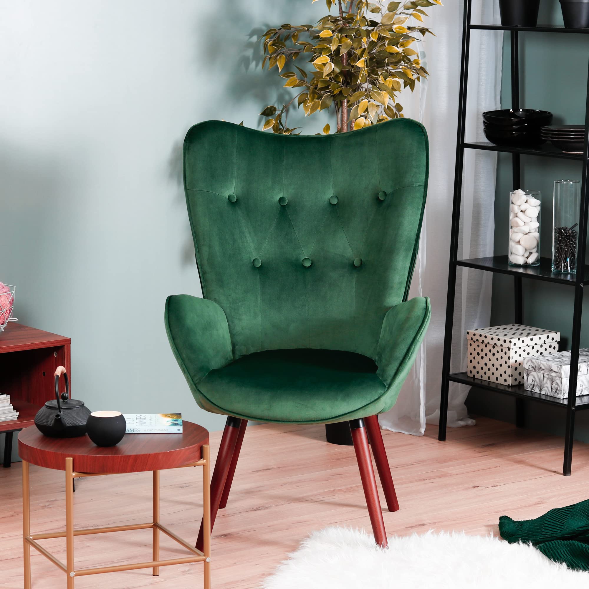 Velvet Accent Chair, Upholstered High Backrest Arm Chair with Modern Button-Tufted Wingback and Solid Wood Legs for Living Room Bedroom Lounge, Dark Green