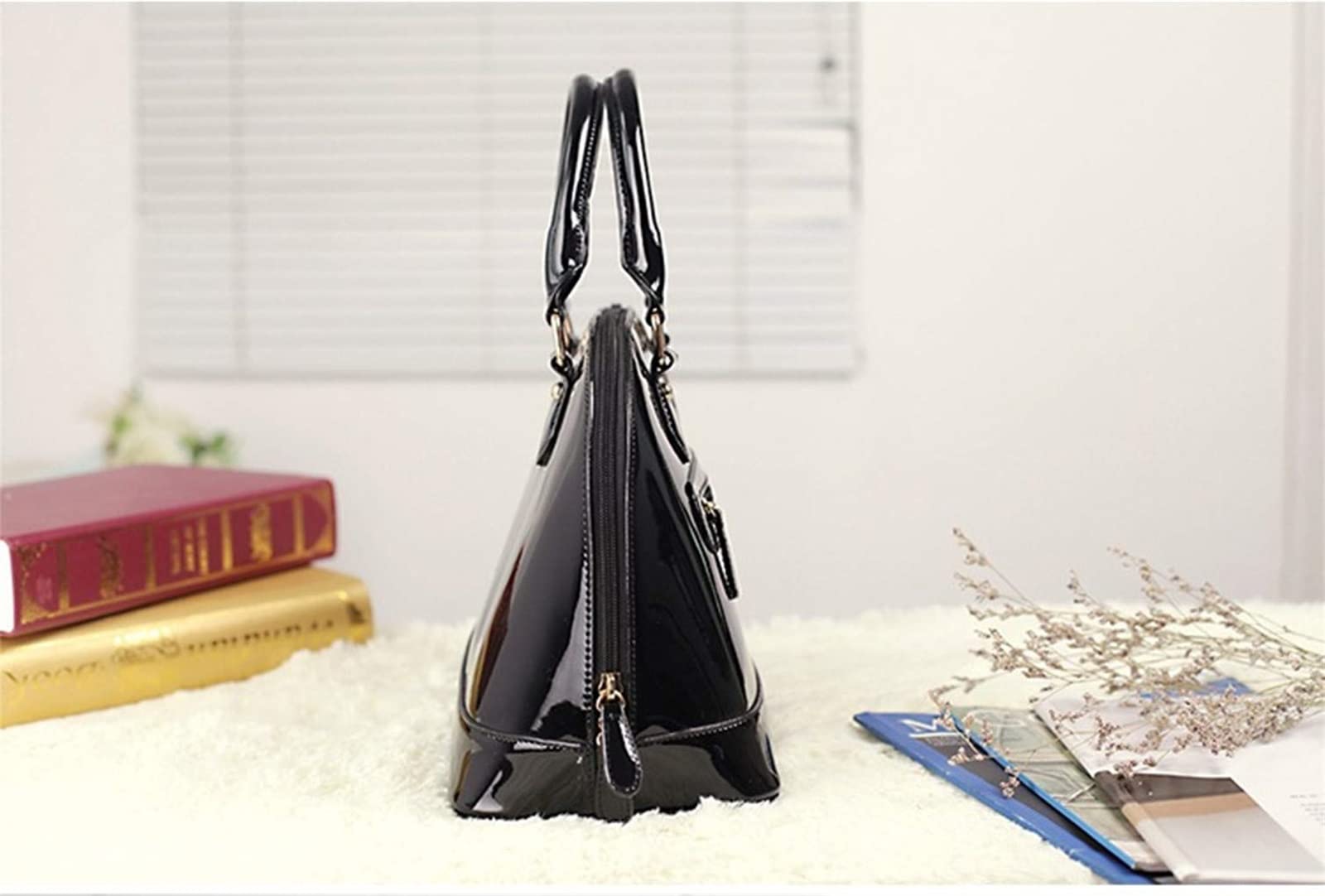Womens Patent Leather Zip-Around Classic Dome Satchel Top-Handle Handbags Purses Shell Bag Black