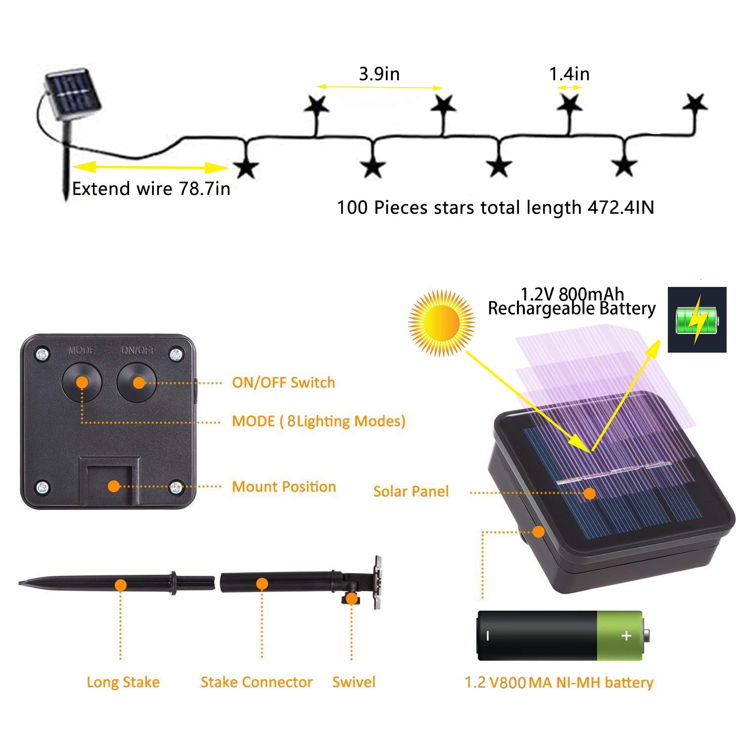 Winboom 100 Led 39.4FT Solar Christmas Lights Outdoor Waterproof 8 Modes Star Solar String Lights,Solar Powered Fairy Light for Outside Garden Tree