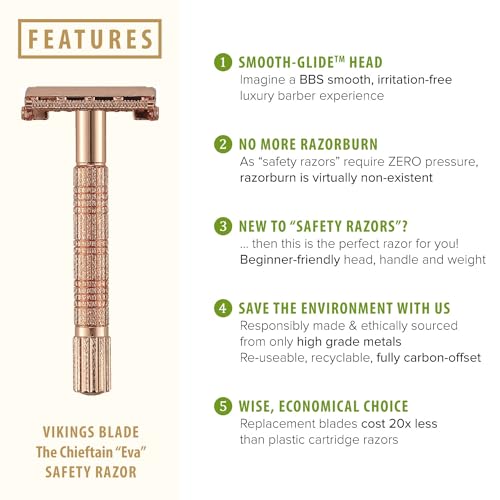 VIKINGS BLADE Safety Razor for Women + 5 Swedish Steel Blades. Quick Release Head, Double Edge. Smooth, Reusable, Eco-Friendly (Model: Eva)