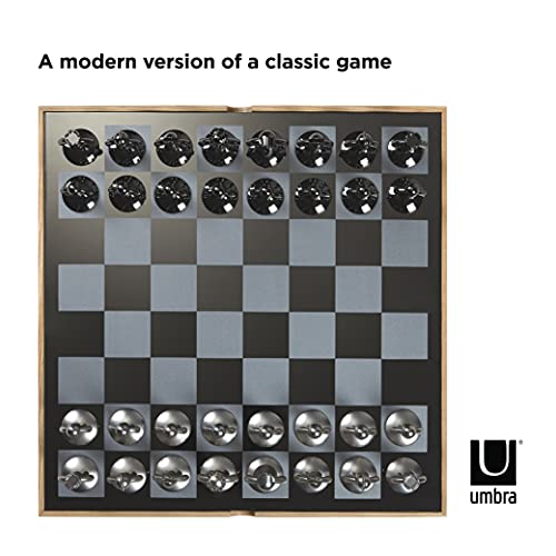 Umbra Buddy Chess Set For Kids & Adults – Modern Original Chessboard Game Made of Metal With Nickel & Titanium Finish – Measures 13 x 13 by 1 ½ Inch (33 x 33 x 3.8 cm) - Velvet Bottom for Easy Moving