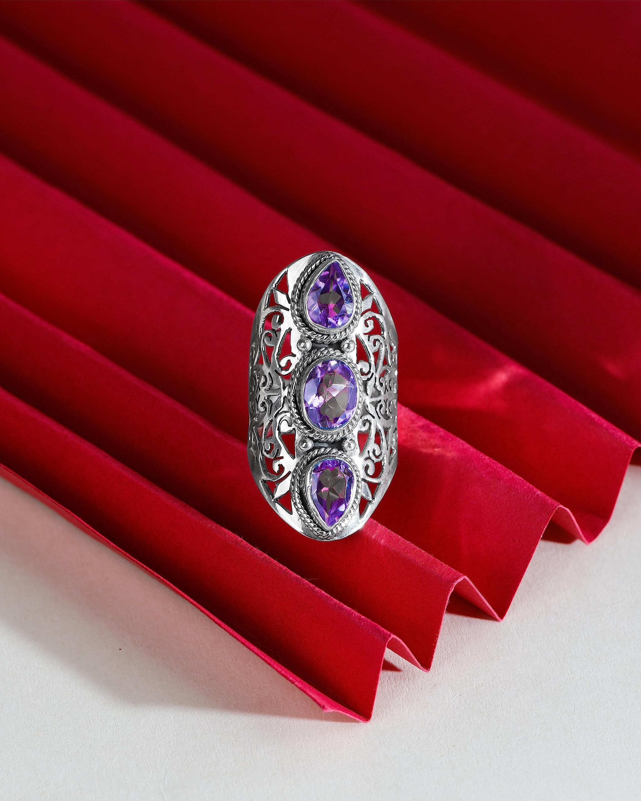 YoTreasure .925 Sterling Silver Amethyst Crystals Filigree Three Stone Ring