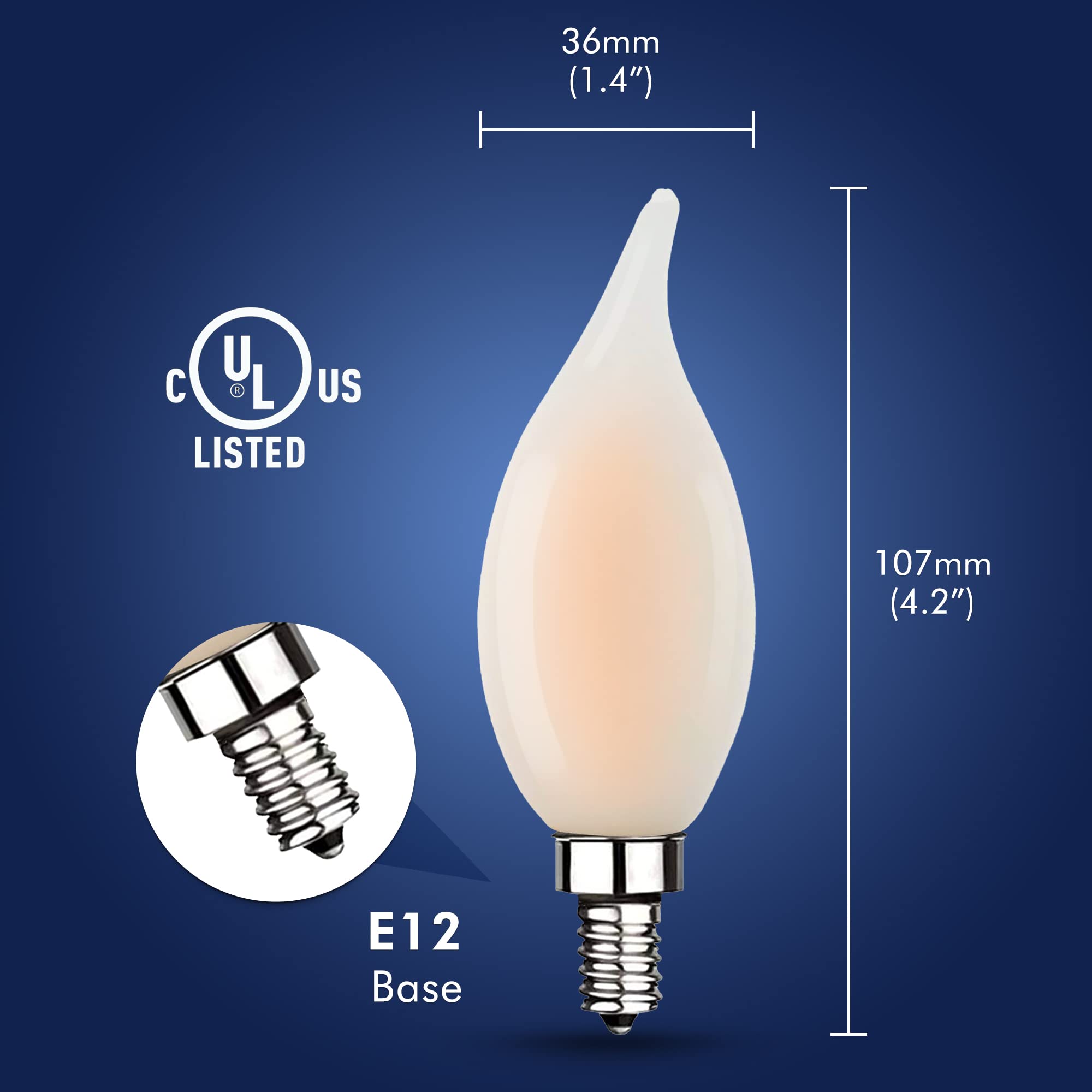Xtricity LED 5.5W Flame Tip Filament Candelabra Light Bulbs, 60W Equivalent, 500 Lumens, 3000K Soft White, Dimmable, 120V, E12 Candelabra Base, Energy Star, (6 Pack)