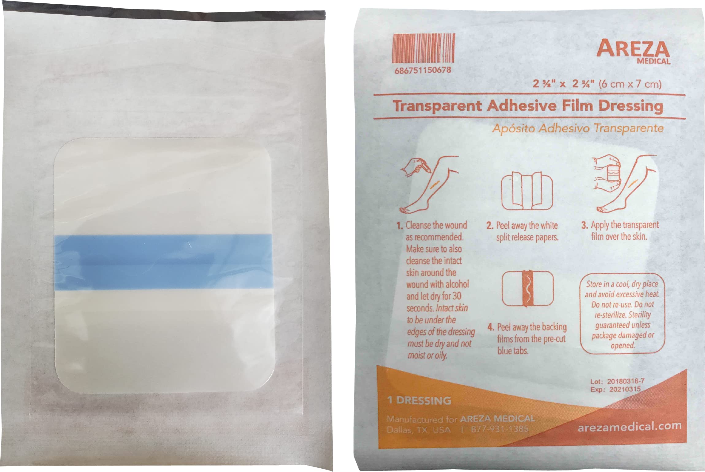 Transparent Adhesive Film Dressing 2" 3/8" X 4" 3/4" (6 cm X 7 cm) 50 Per Box (Waterproof) Upgraded Design; by Areza Medical