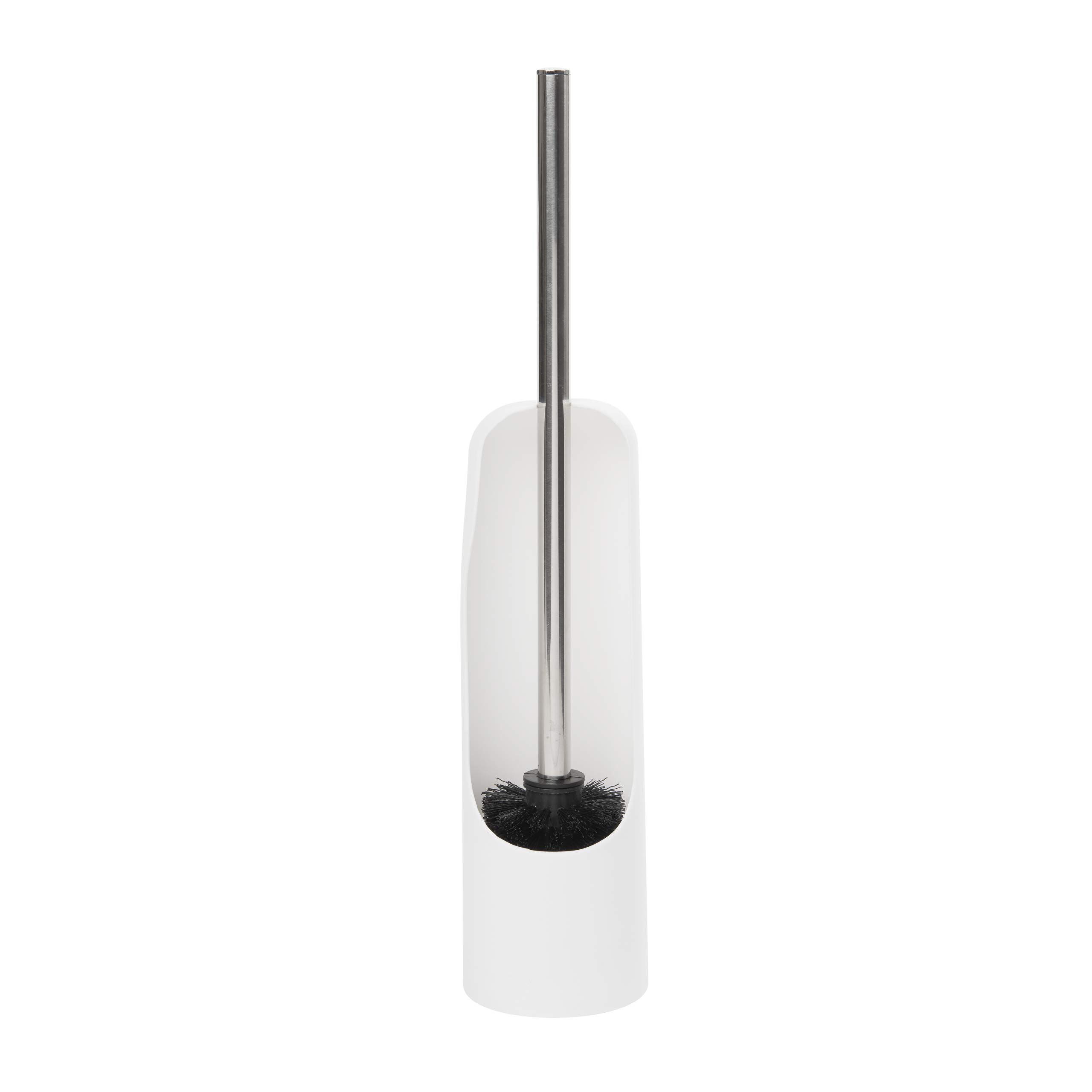 Umbra Touch Toilet Brush with Open Back Hideaway Holder โ Durable, Slim, Plastic & Metal Toilet Bowl Cleaner With Rubber Finish - Soft and Dense Brush Bristles โ Removes All Stubborn Stains, White