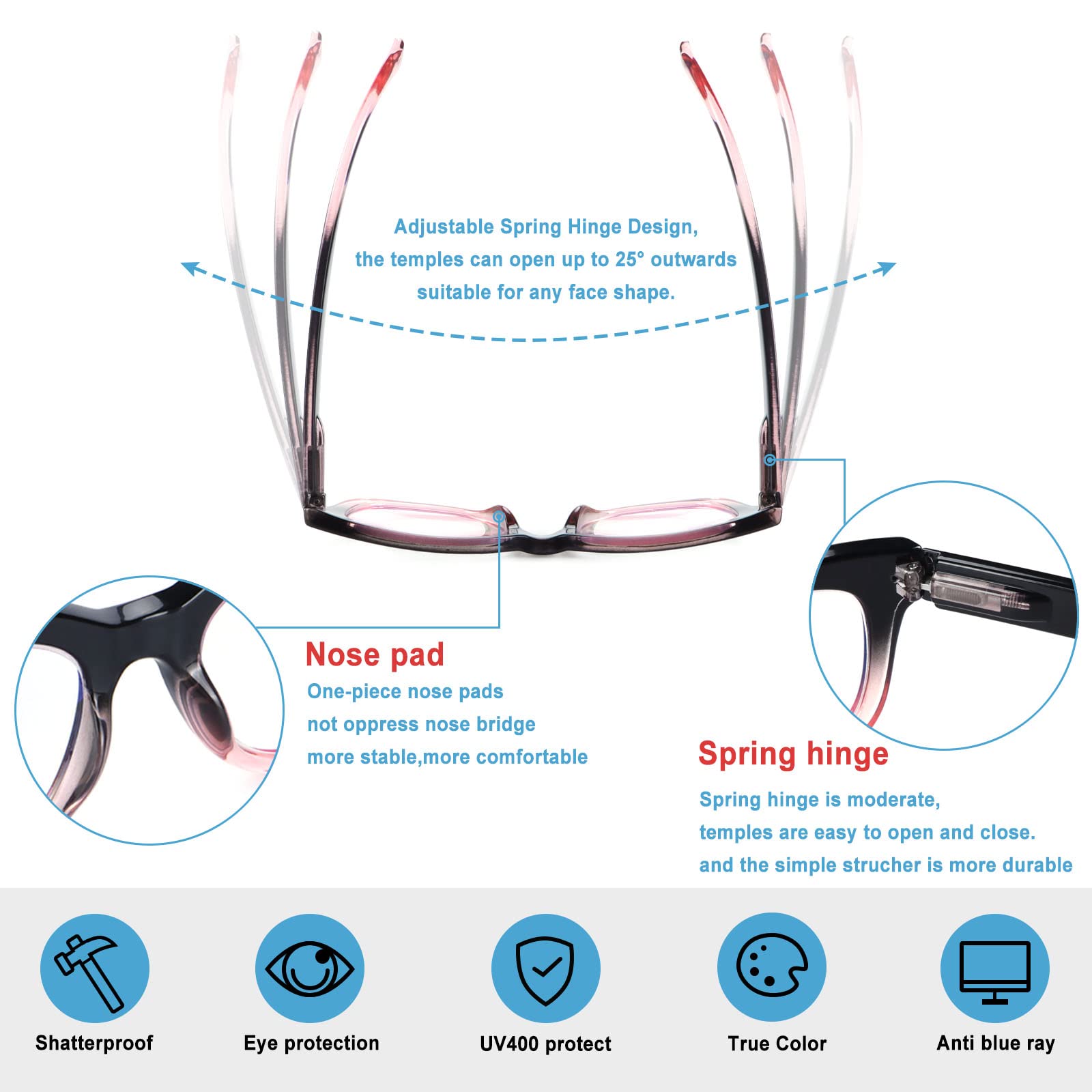 VOGPOPER 6 Pack Oversized Retro Reading Glasses for Women, Blue Light Blocking Computer Spring hinge Readers (multicolor-1, 2.25, diopters)