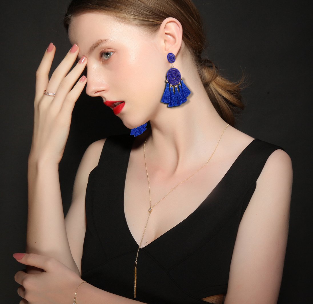 XOCARTIGE Tassel Earrings Thread Fringe Chandelier Drop Dangle Earrings Bohemia Beaded Disc Stud Earring for Women(Blue)