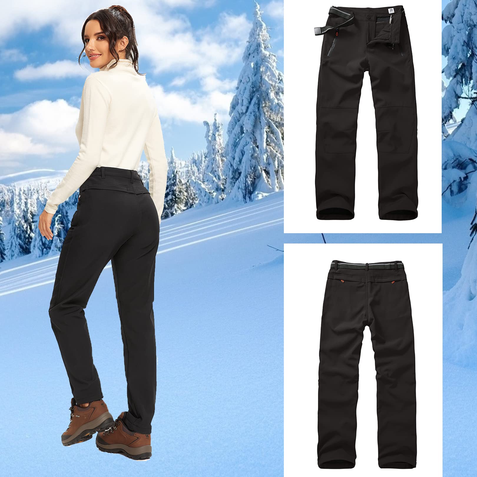 Women's Snow pants Hiking ski Waterproof Fleece Lined Outdoor Cargo Pants Softshell Winter Warm Pants with Zipper Pockets,209,Black,16