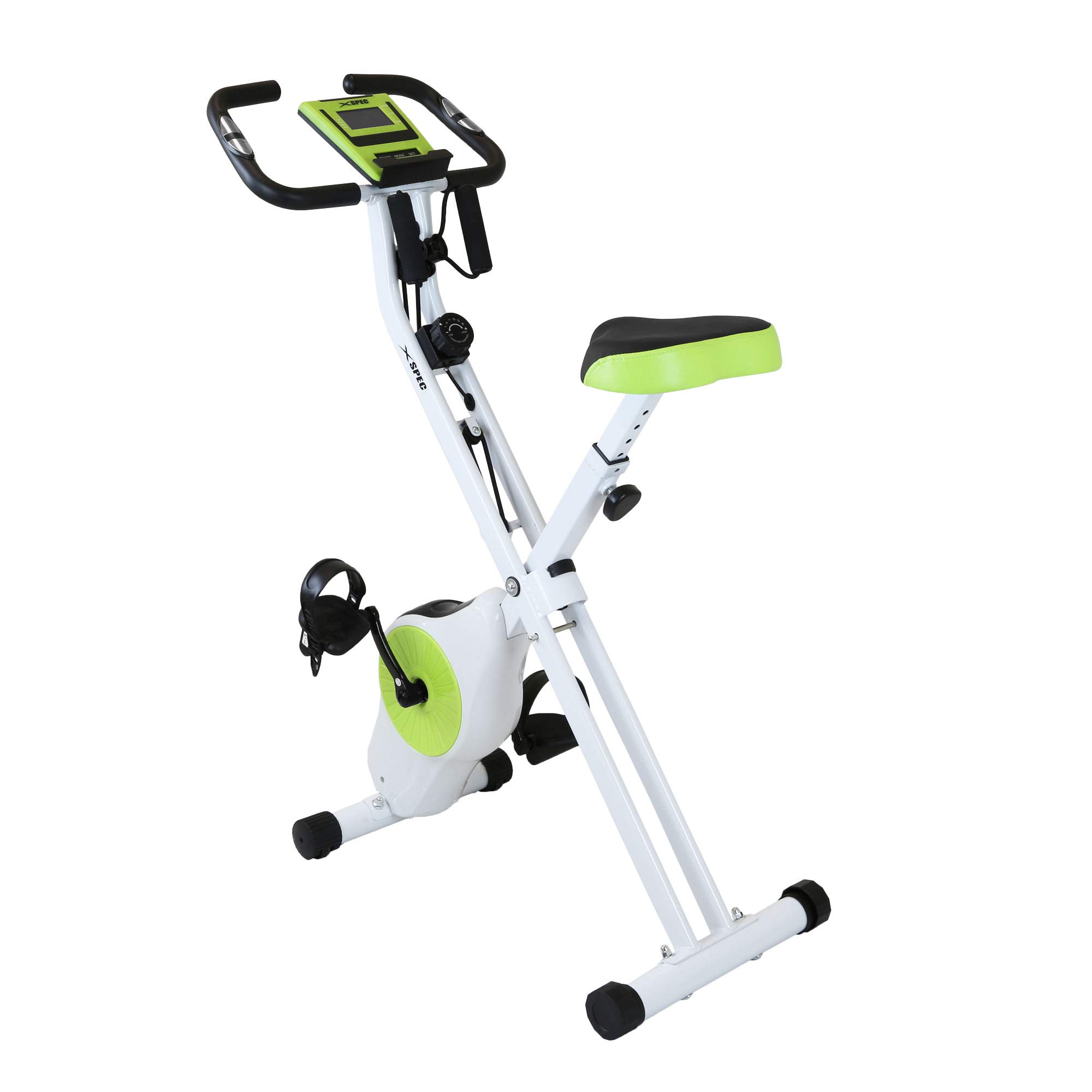 Xspec Indoor Foldable Stationary Upright Exercise Cardio Workout Cycling Bike with 16 Level Resistance & Arm Resistance Bands, Lime
