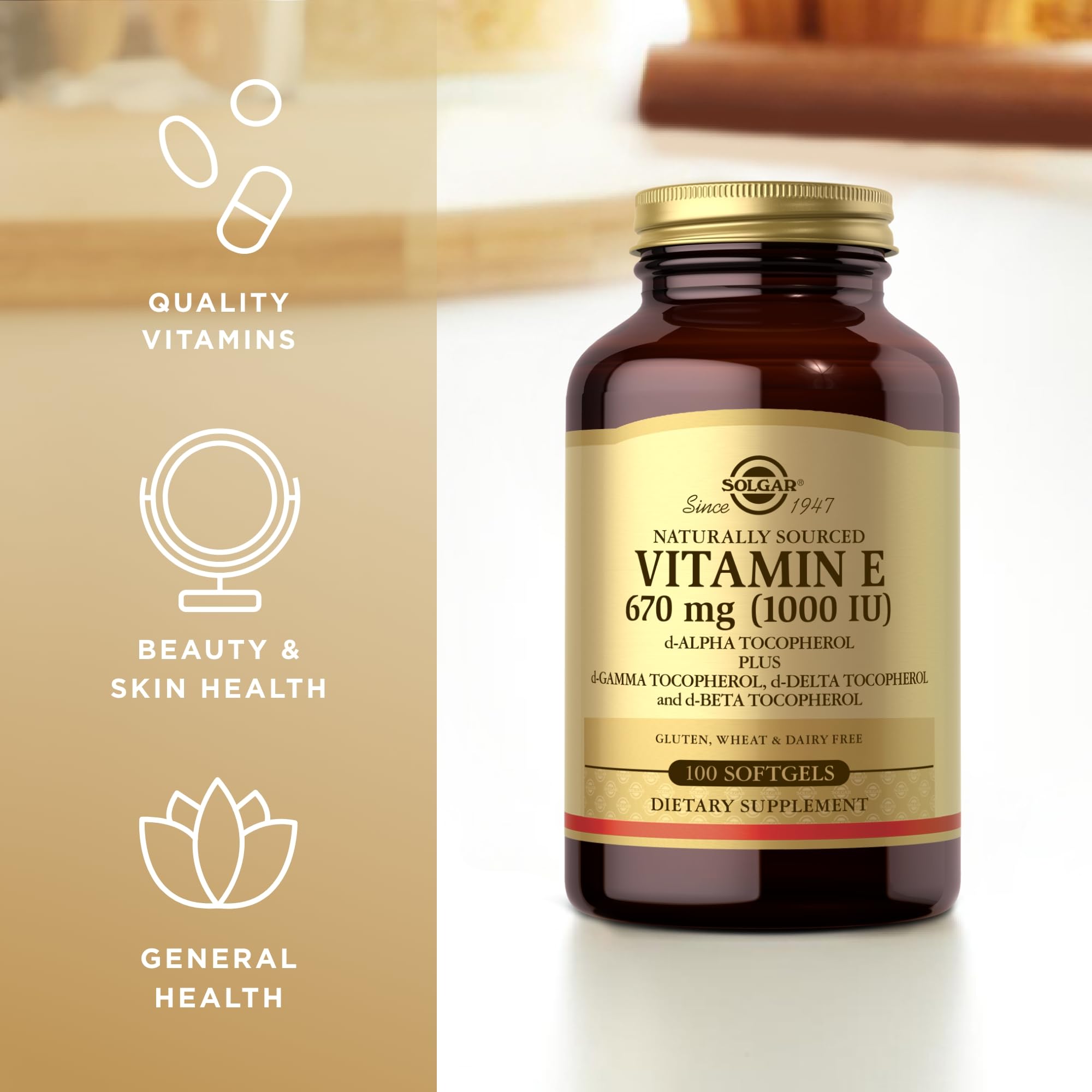 SOLGAR Vitamin E 670 mg (1000 IU) - 100 Softgels, Pack of 2 - Naturally Sourced - Gluten Free, Dairy Free - 200 Total Servings
