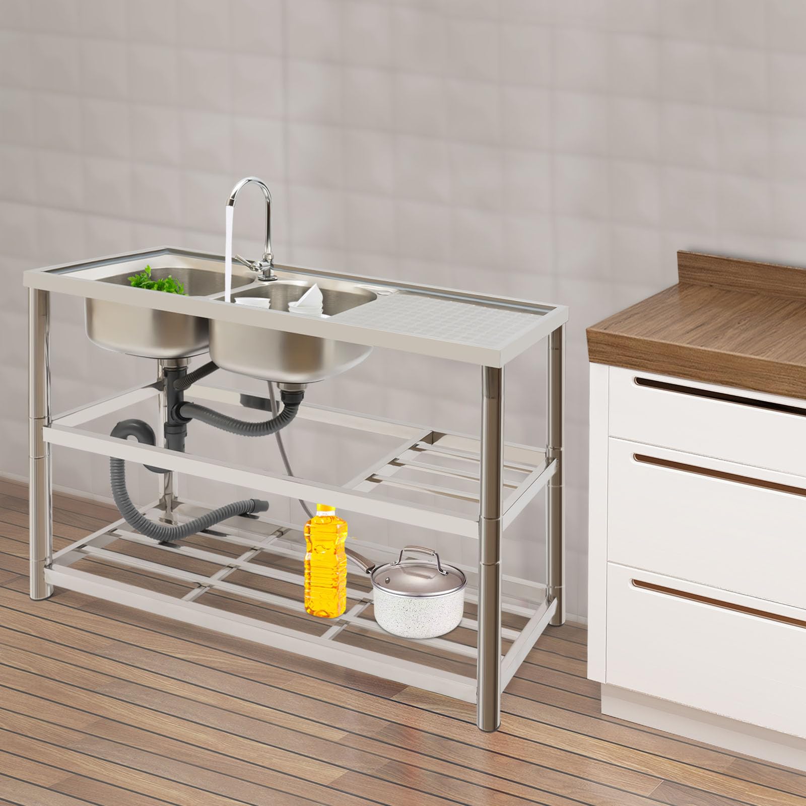 WINUS Free Standing Stainless-Steel Double Bowl Commercial Restaurant Kitchen Sink Set w/Faucet & Drainboard, Prep & Utility Washing Hand Basin w/Workbench & Double Storage Shelves Indoor Outdoor