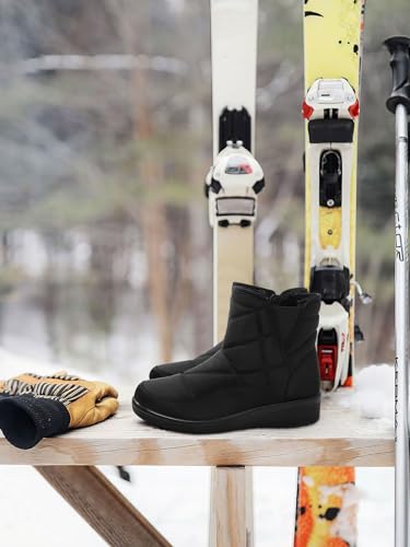 TEMOFON Waterproof Snow Boots for Women: Winter Slip On Booties Black Size 8 with Warm Furry Lined Short Boot Comfy Outdoor Ankle Boot