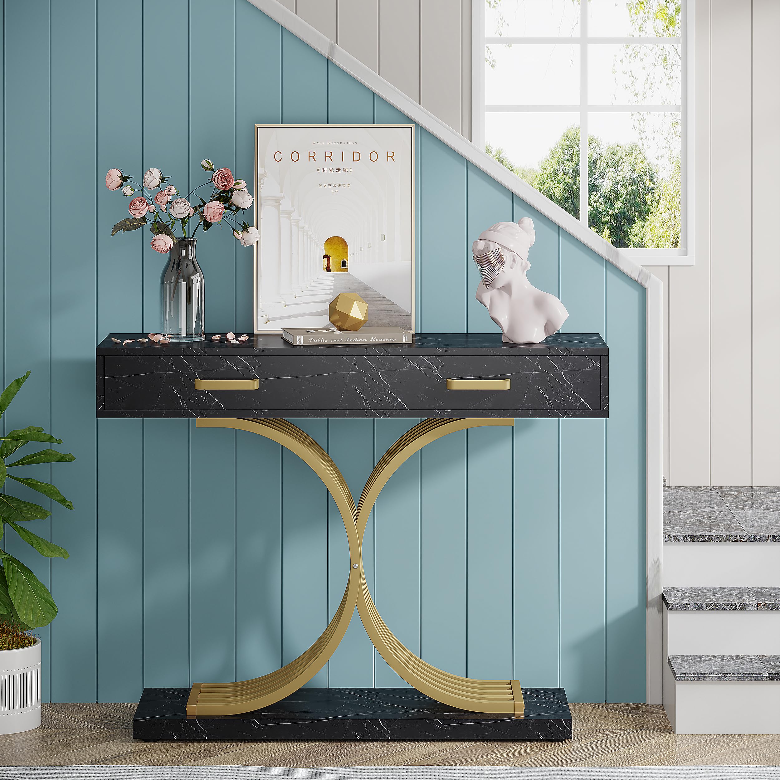 Vagaconl Black Gold Console Table with Drawers, Modern 39 Inches Small Entryway Table with Storage, Faux Marble Tabletop Hallway Table with Geometric Gold Legs