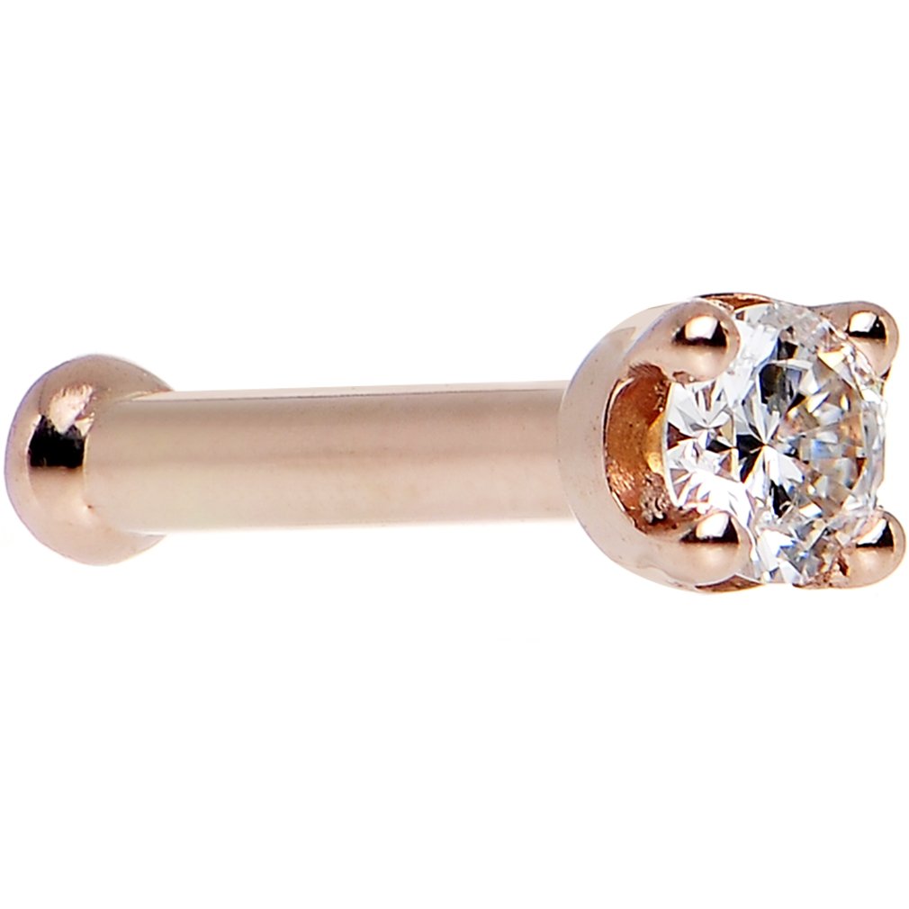Solid 14k Rose Gold 2mm Cubic Zirconia Nose Stud Bone 18 Gauge 1/4"