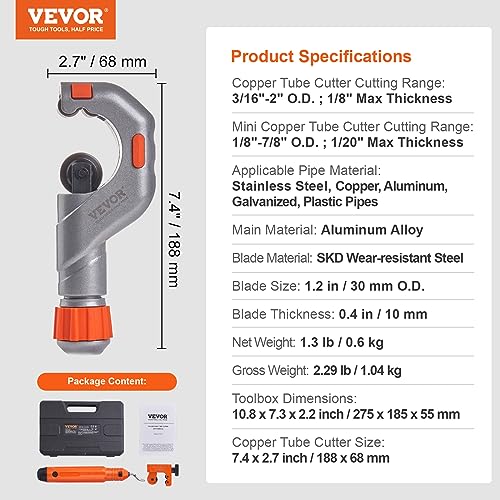 VEVOR 3PCS Tubing Cutter Set, 3/16"-2" O.D. Copper Pipe Cutter, 1/8"-7/8" O.D. Mini Tube Cutter and Deburring Tool, Heavy Duty Pipe Cutter Set for Copper, Aluminum, Stainless Steel, Plastic Pipes
