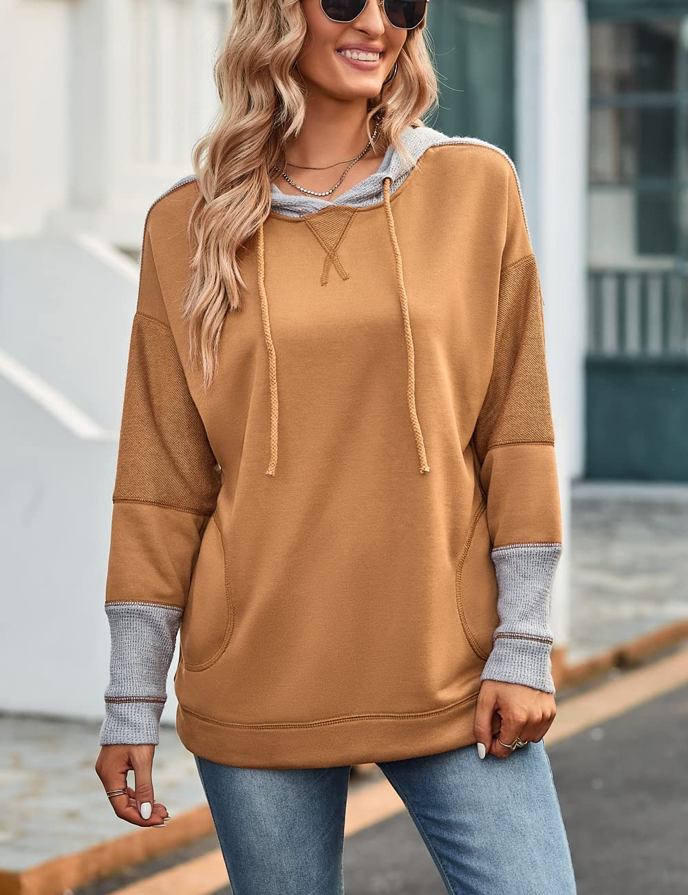 SEBOWEL Womens Oversized Color Block Long Sleeve Tunic Hoodies Tops Sweatshirt Fall Tunic Tops for Leggings Khaki L