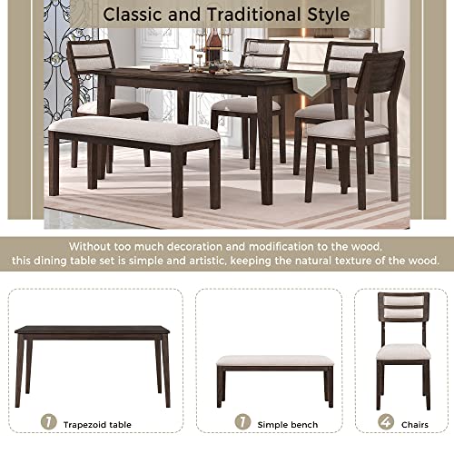 Voohek, Espresso 6-Piece Rectangular Trapezoid Dining Table with Wood Grain Tabletop, 4 Fabric Chairs and 1 Bench, Solid Woodframe Kitchen Furniture w/Plastic Foot Pads, for 4 People