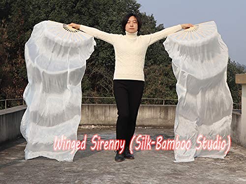 Winged Sirenny Belly Dance Silk Fan Veils Adjustable Pairs, 70"(180 cm) Worship Praise Flags Streamers(white)