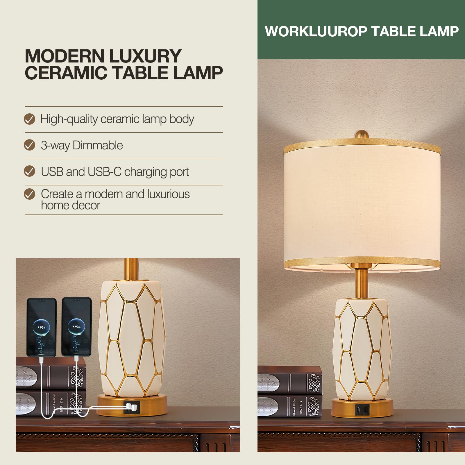 workluurop Set of 2 Touch Control Ceramic Table Lamps for Bedroom Livingroom,Modern Black/White, with USB Ports,Bedside Nightstand Lamp with Fabric Drum Lampshade,Blubs Included (White)